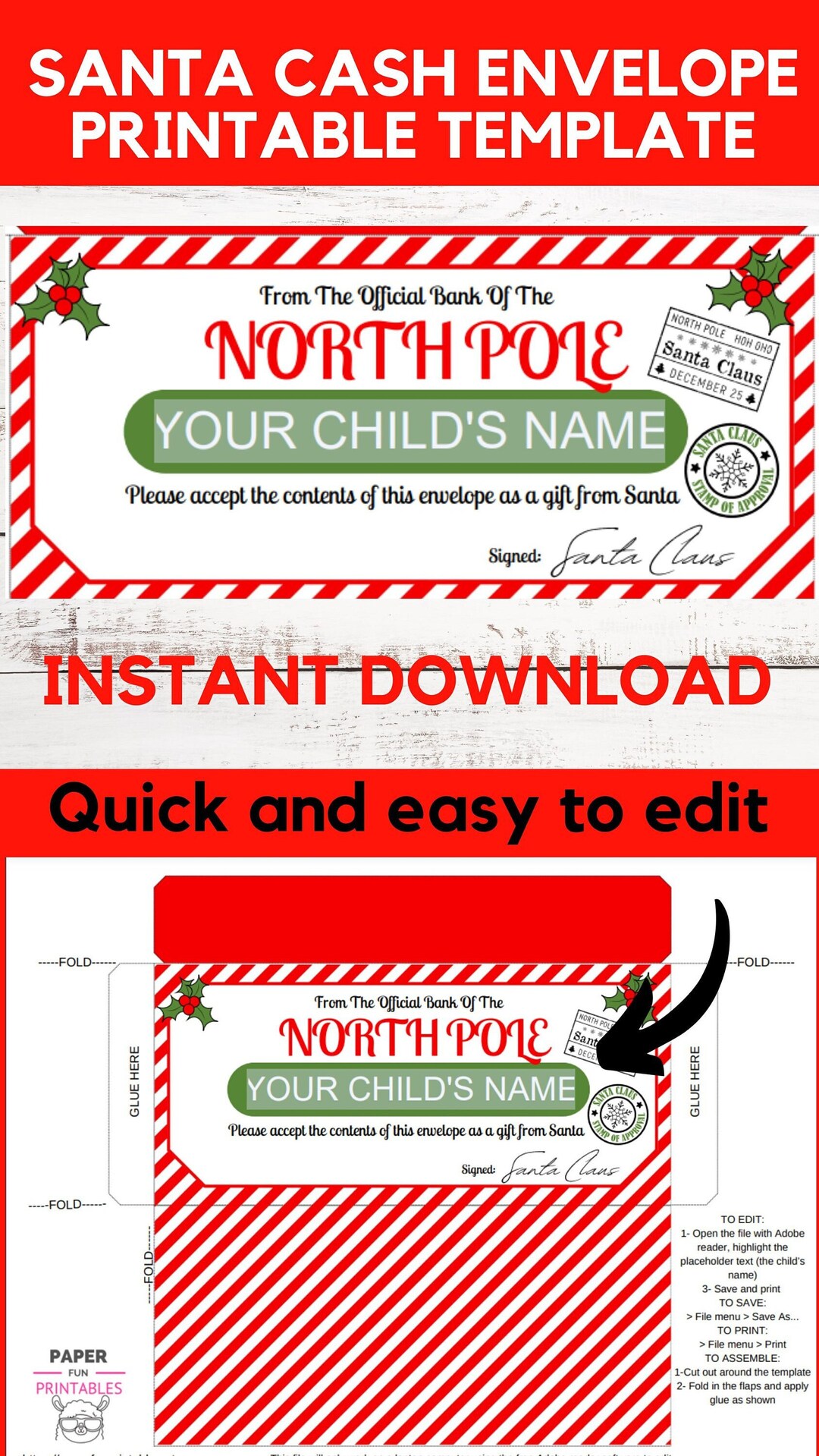 Santa Money Envelope Template. Custom Christmas Envelope for Cash Gift ...