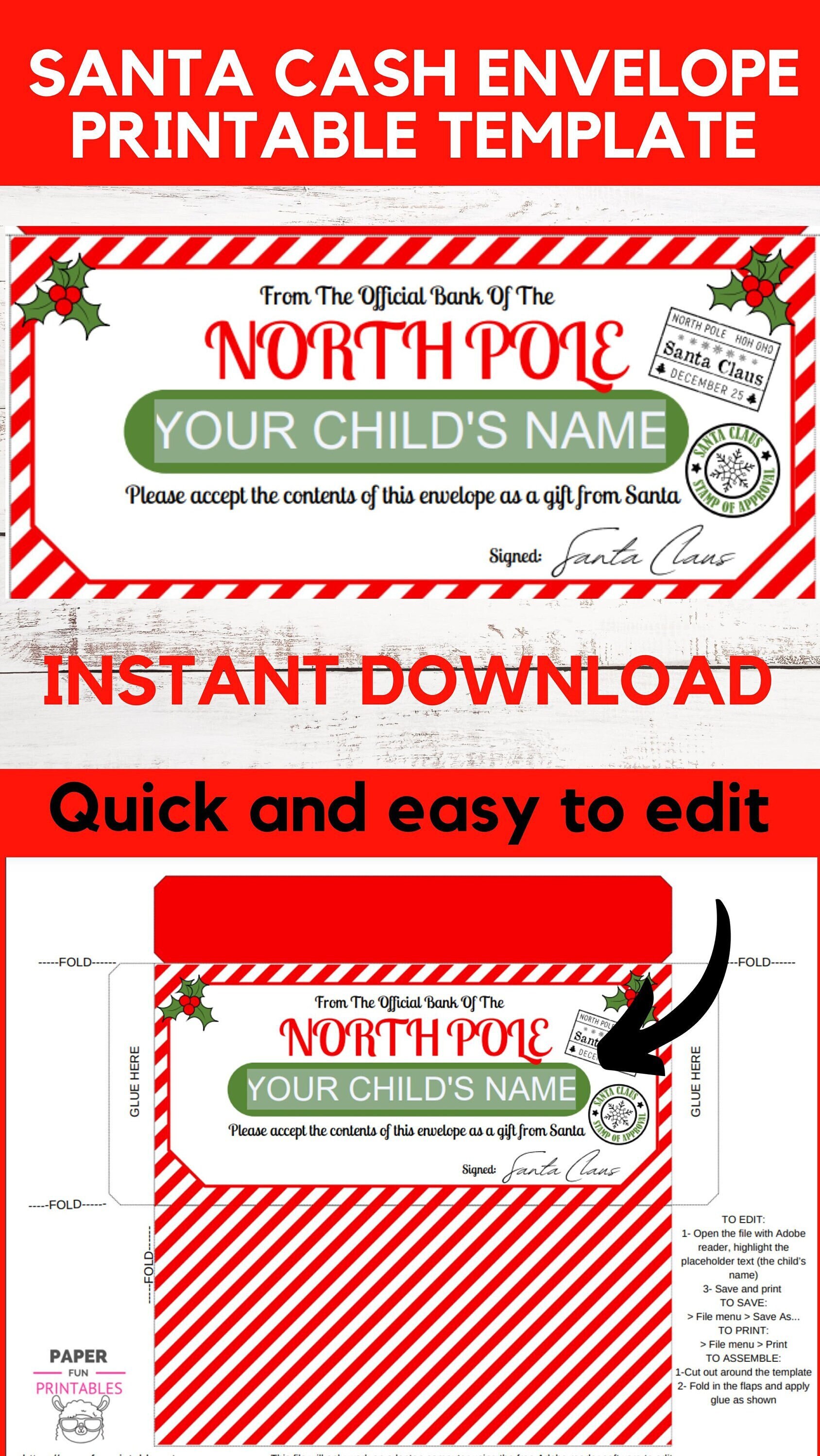 Santa Money Envelope Template. Custom Christmas Envelope for Cash Gift ...