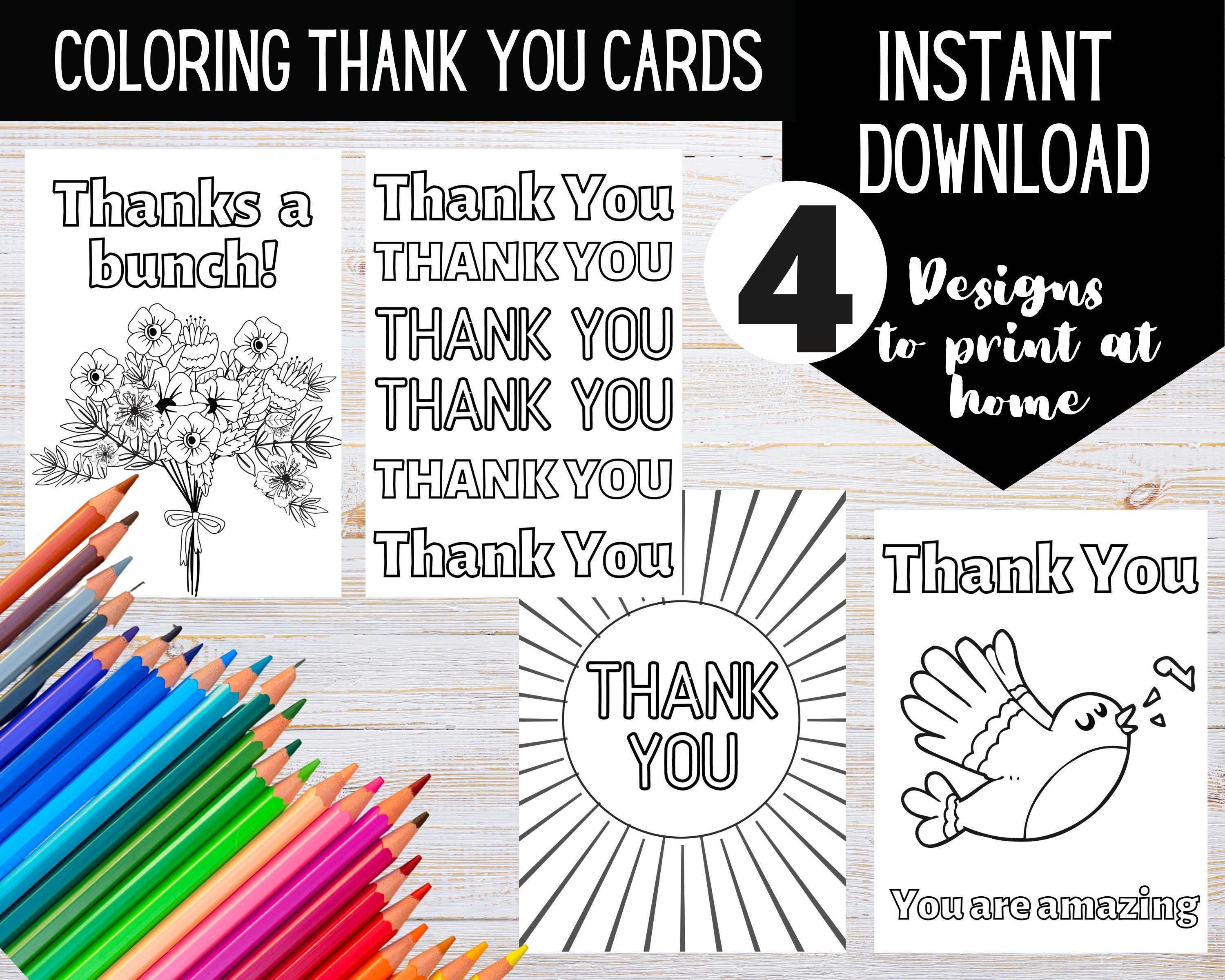 PRINTABLE Coloring Thank You Cards DIGITAL DOWNLOAD Color Your Own ...