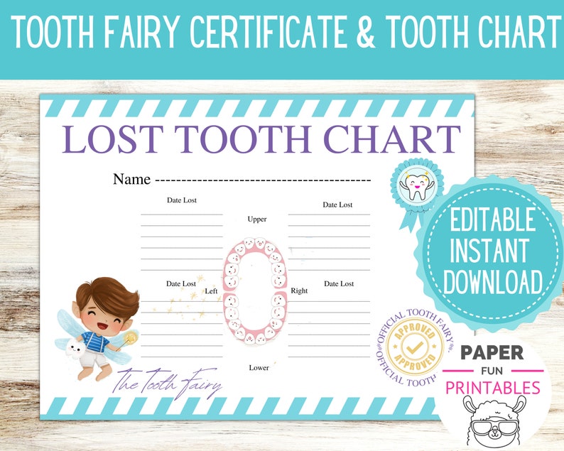 Boy Tooth Fairy Certificate for First Tooth and Printable Tooth Chart ...