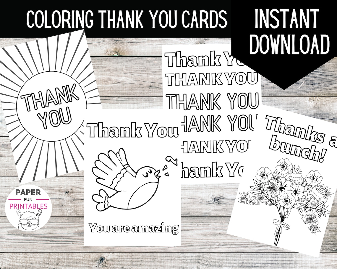 PRINTABLE Coloring Thank You Cards DIGITAL DOWNLOAD Color Your Own ...