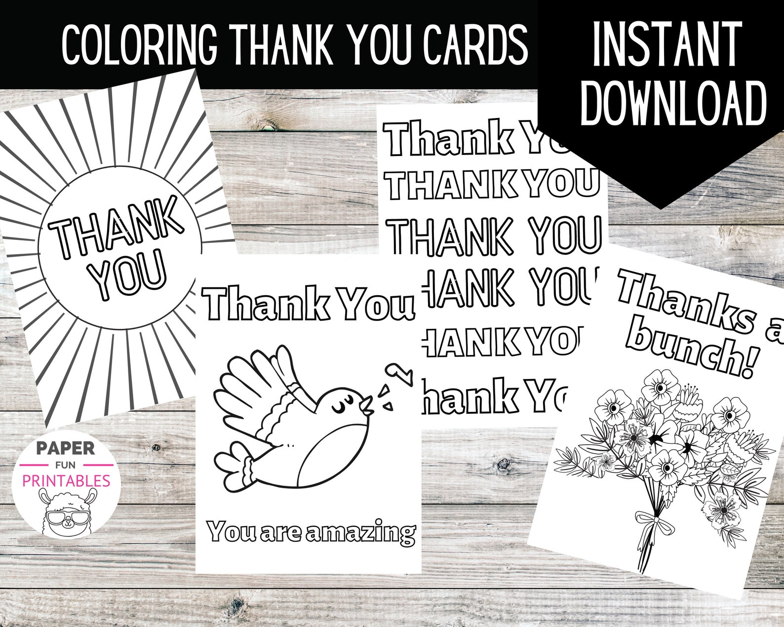 PRINTABLE Coloring Thank You Cards | DIGITAL DOWNLOAD | Color Your Own ...