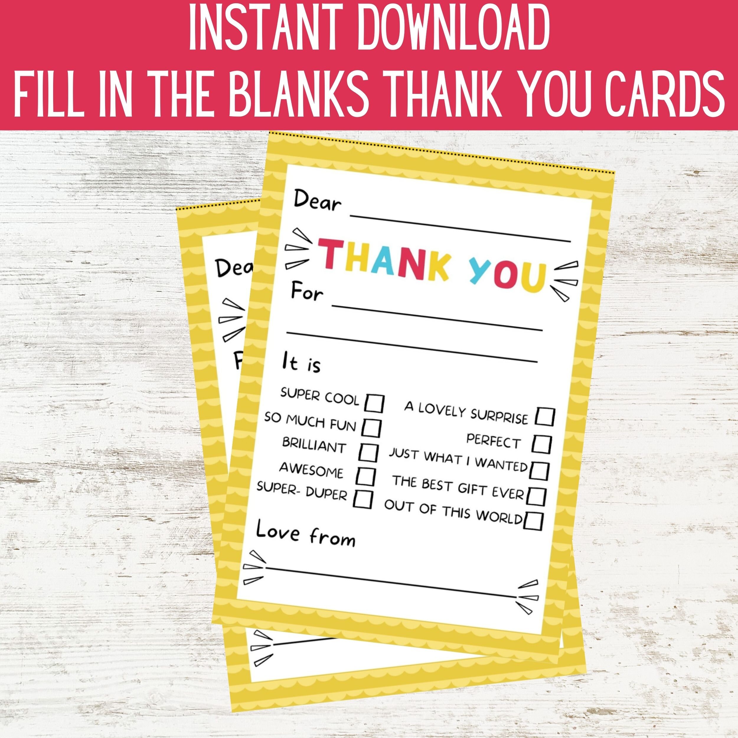 PRINTABLE Thank You Cards for Kids Fill in the Blanks Thank | Etsy