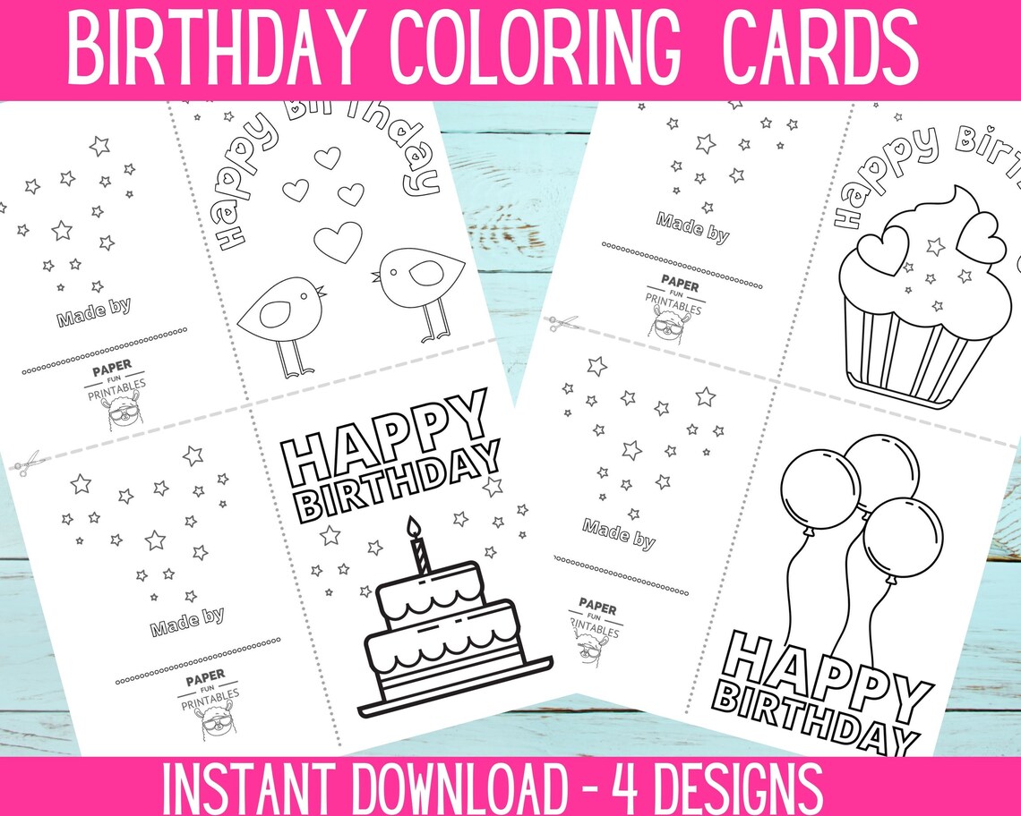 Printable BIRTHDAY Coloring Cards Color Your Own DIY | Etsy