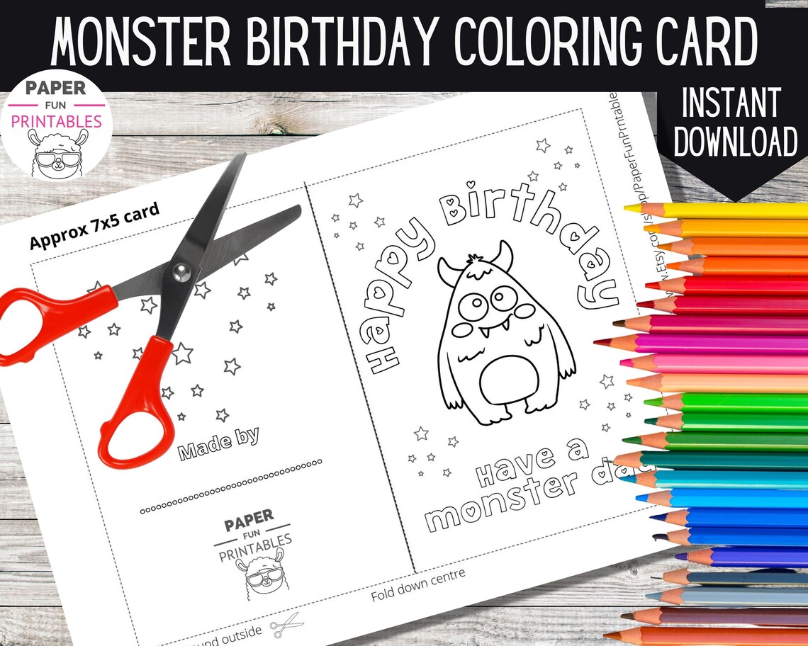 Monster Happy Birthday Coloring Card Color Your Own Monster Party ...