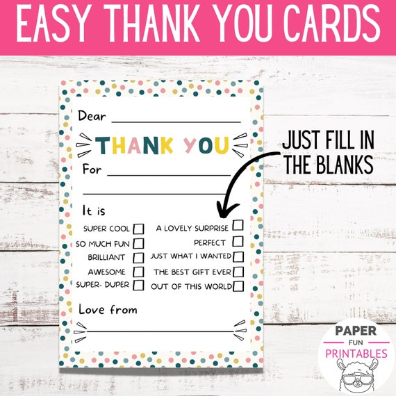 PRINTABLE Thank You Cards for Kids Fill in the Blanks Thank | Etsy