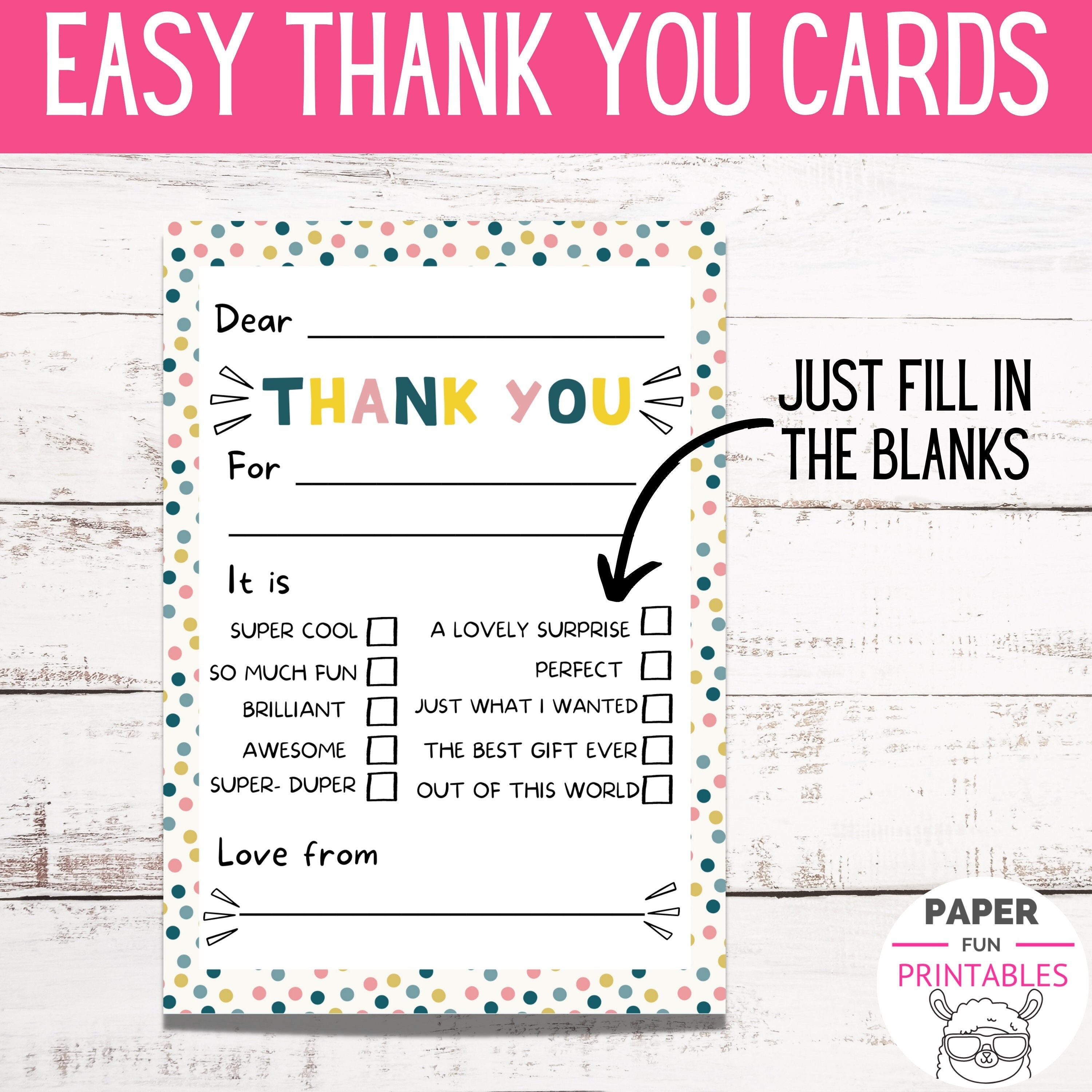 PRINTABLE Thank You Cards for Kids Fill in the Blanks Thank You Card ...