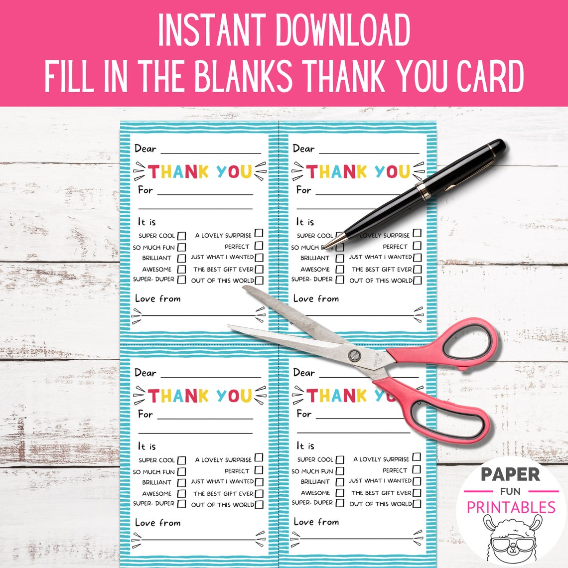 PRINTABLE Thank You Cards for Kids BLUE Fill in Thank You | Etsy