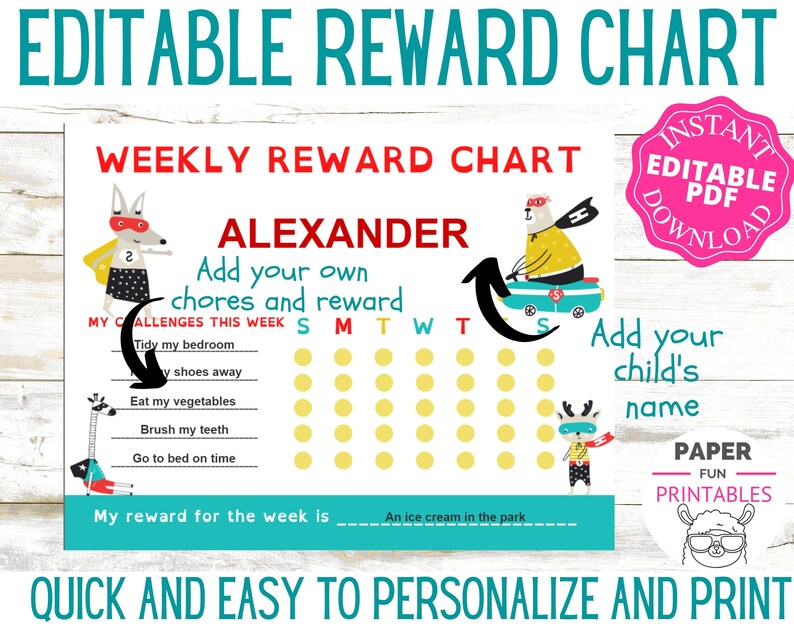 Editable Reward Chart | Customized Chore Chart | Personalized Behaviour ...