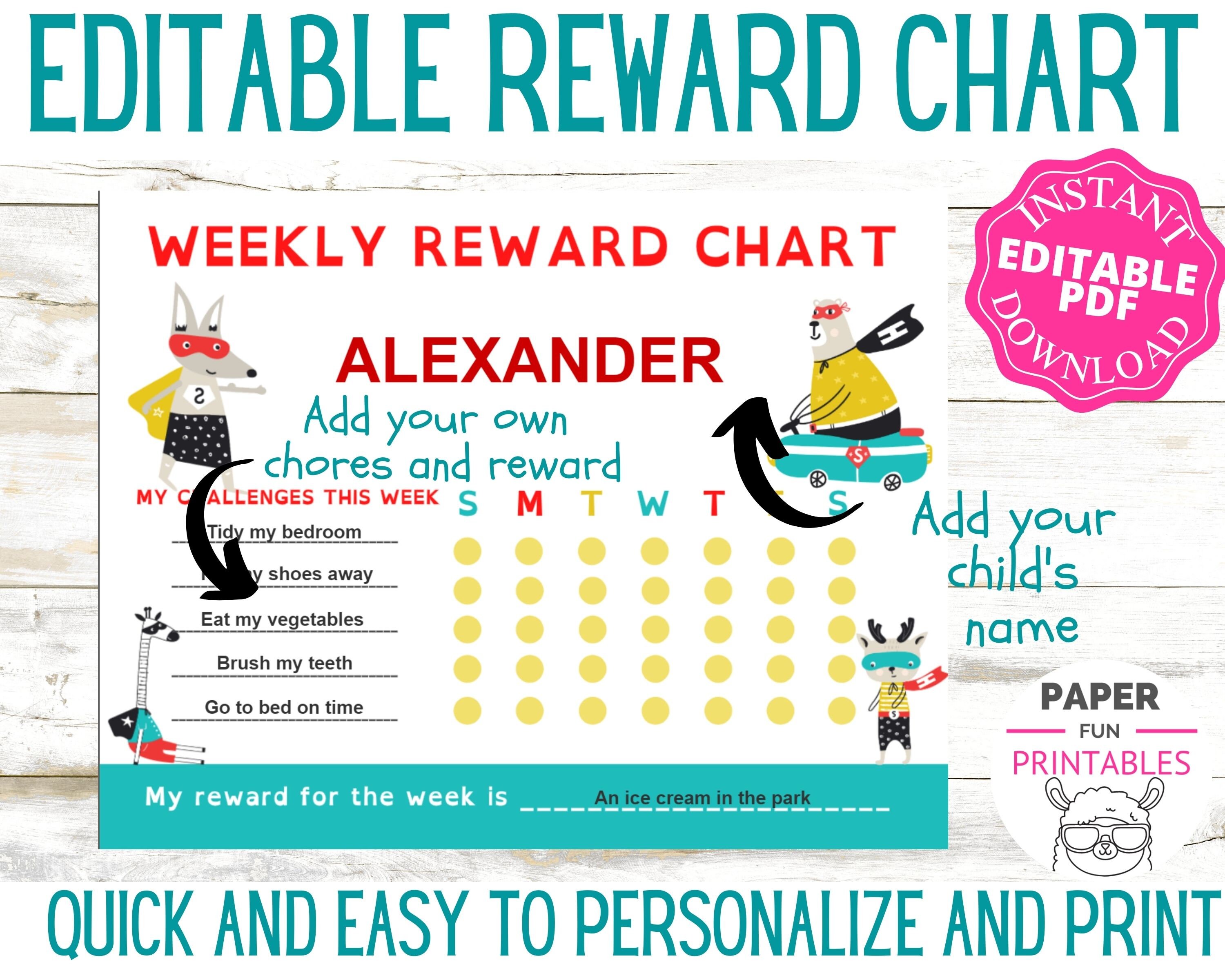 Editable Reward Chart Customized Chore Chart Personalized Behaviour ...