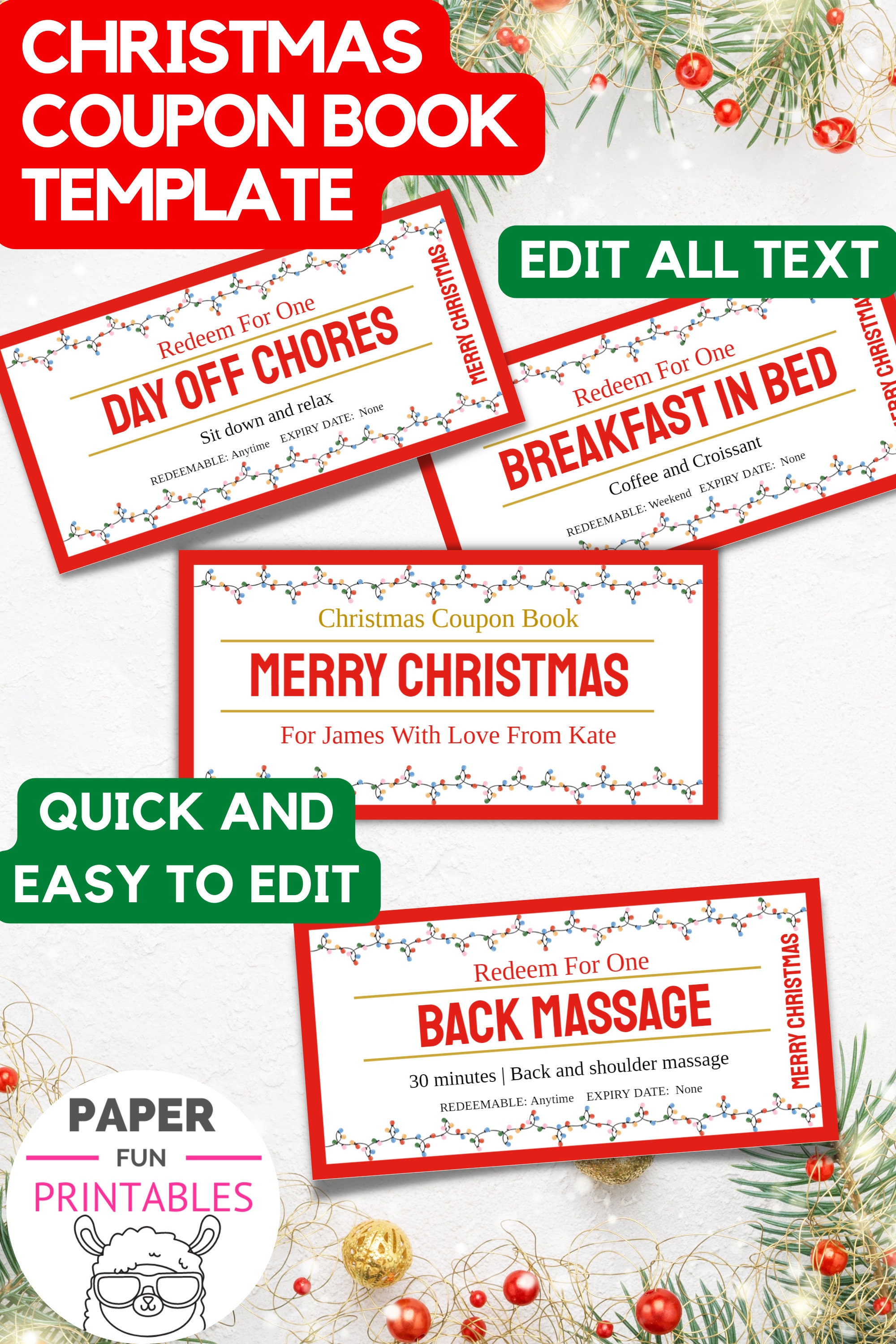 Christmas Coupon Book Template : Editable Coupons , DIY Christmas Gift ...