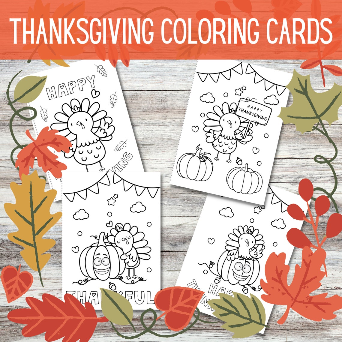 Thanksgiving Coloring Cards DIY Thanksgiving Card DIGITAL - Etsy