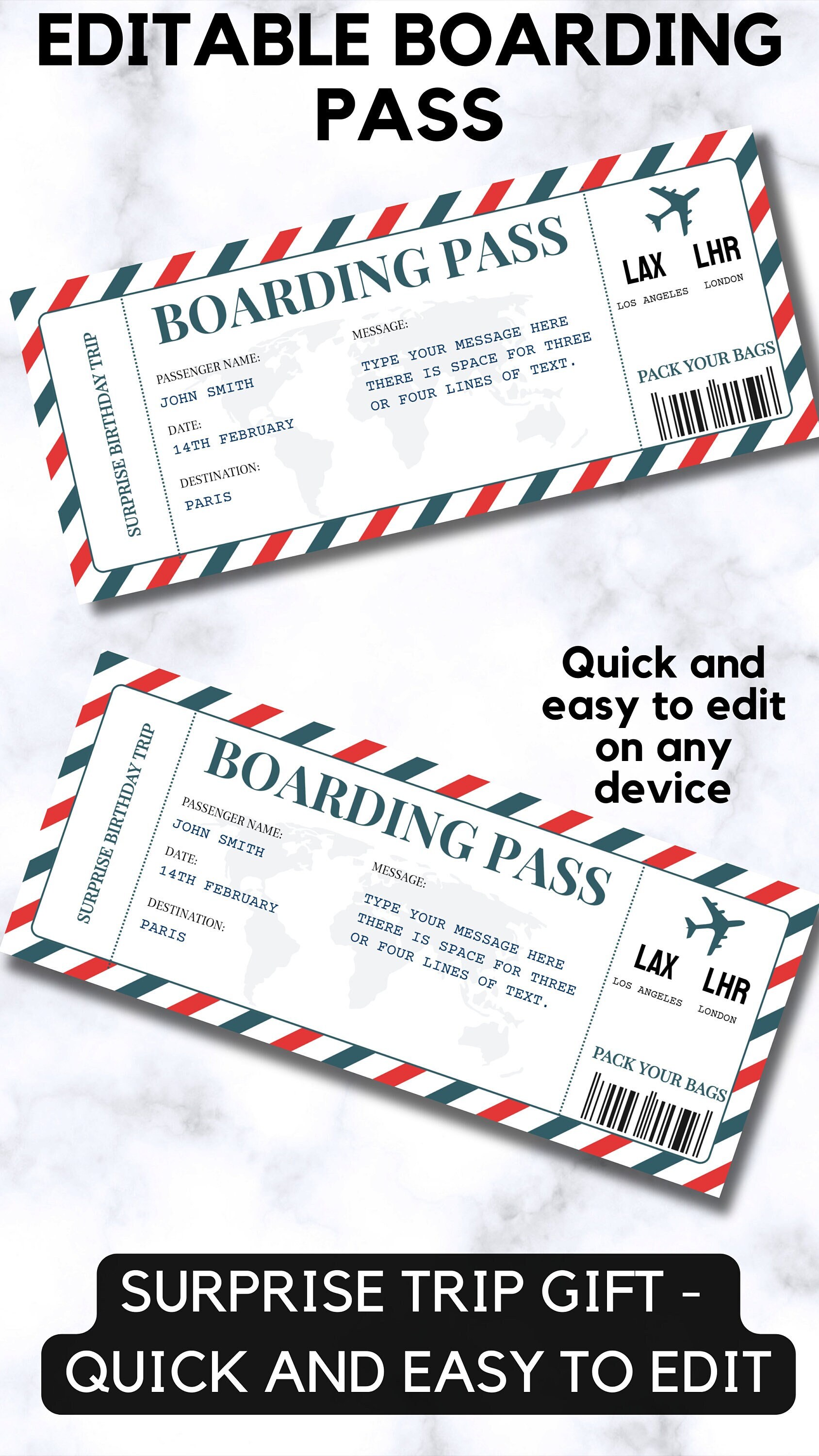 Surprise Trip Ticket Template. EDITABLE Airline Boarding Pass for ...