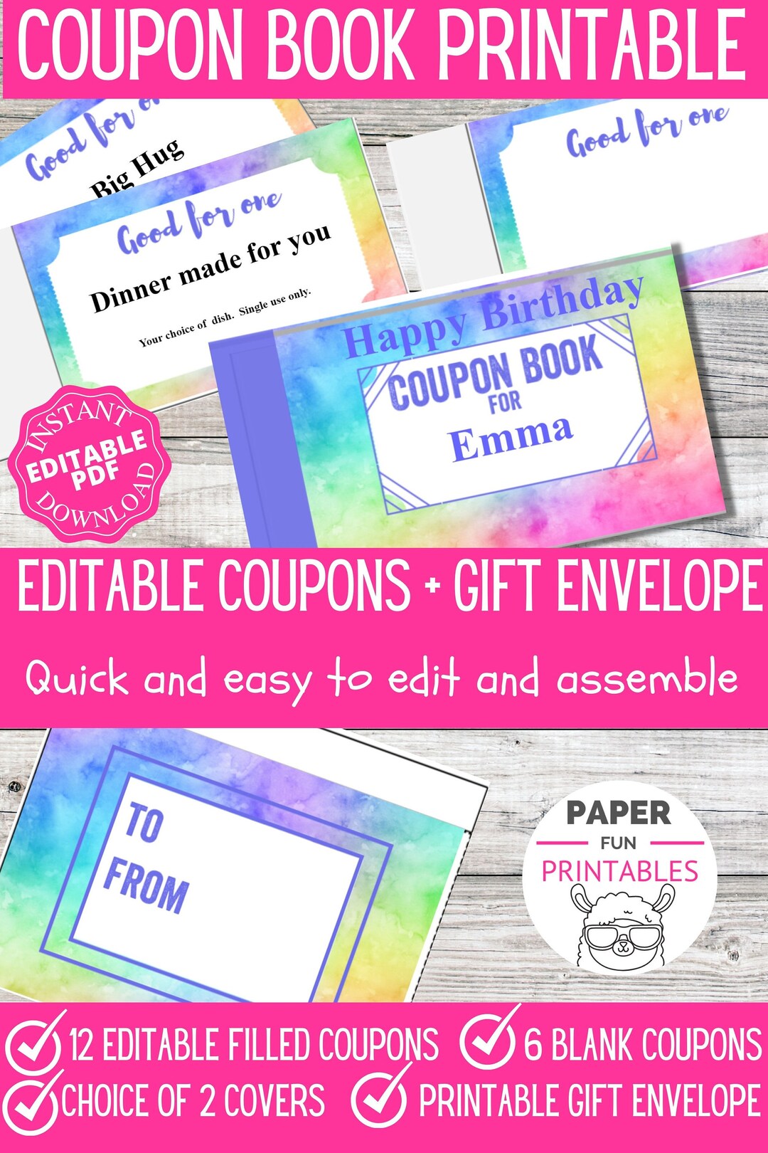 Birthday Coupon Book Printable : Editable DIY Coupons. Personalized ...