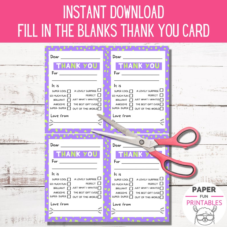 PRINTABLE Thank You Cards for Kids Fill in the Blanks Thank - Etsy