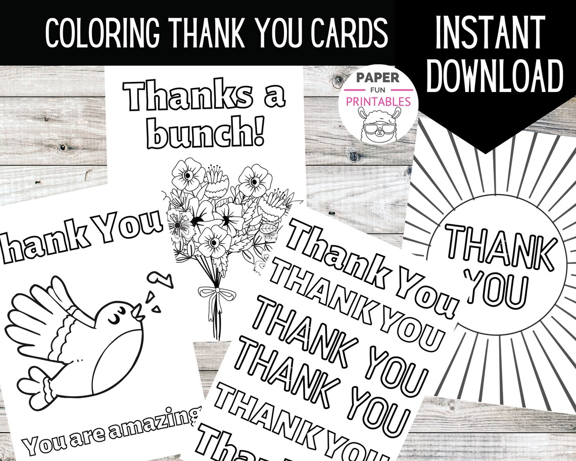 PRINTABLE Coloring Thank You Cards | DIGITAL DOWNLOAD | Color Your Own ...