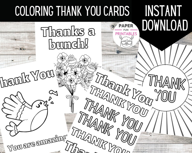 PRINTABLE Coloring Thank You Cards | DIGITAL DOWNLOAD | Color Your Own ...