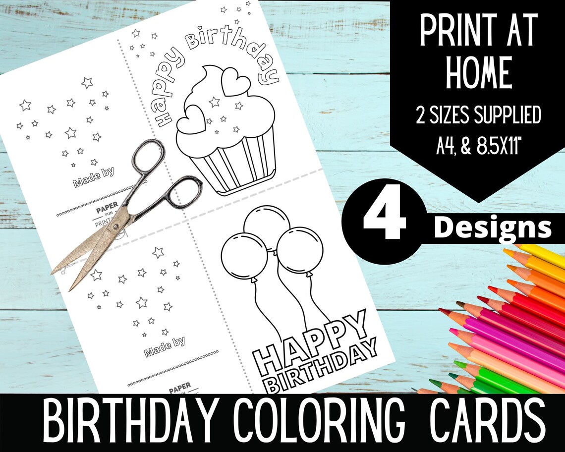 Printable BIRTHDAY Coloring Cards Color Your Own DIY | Etsy