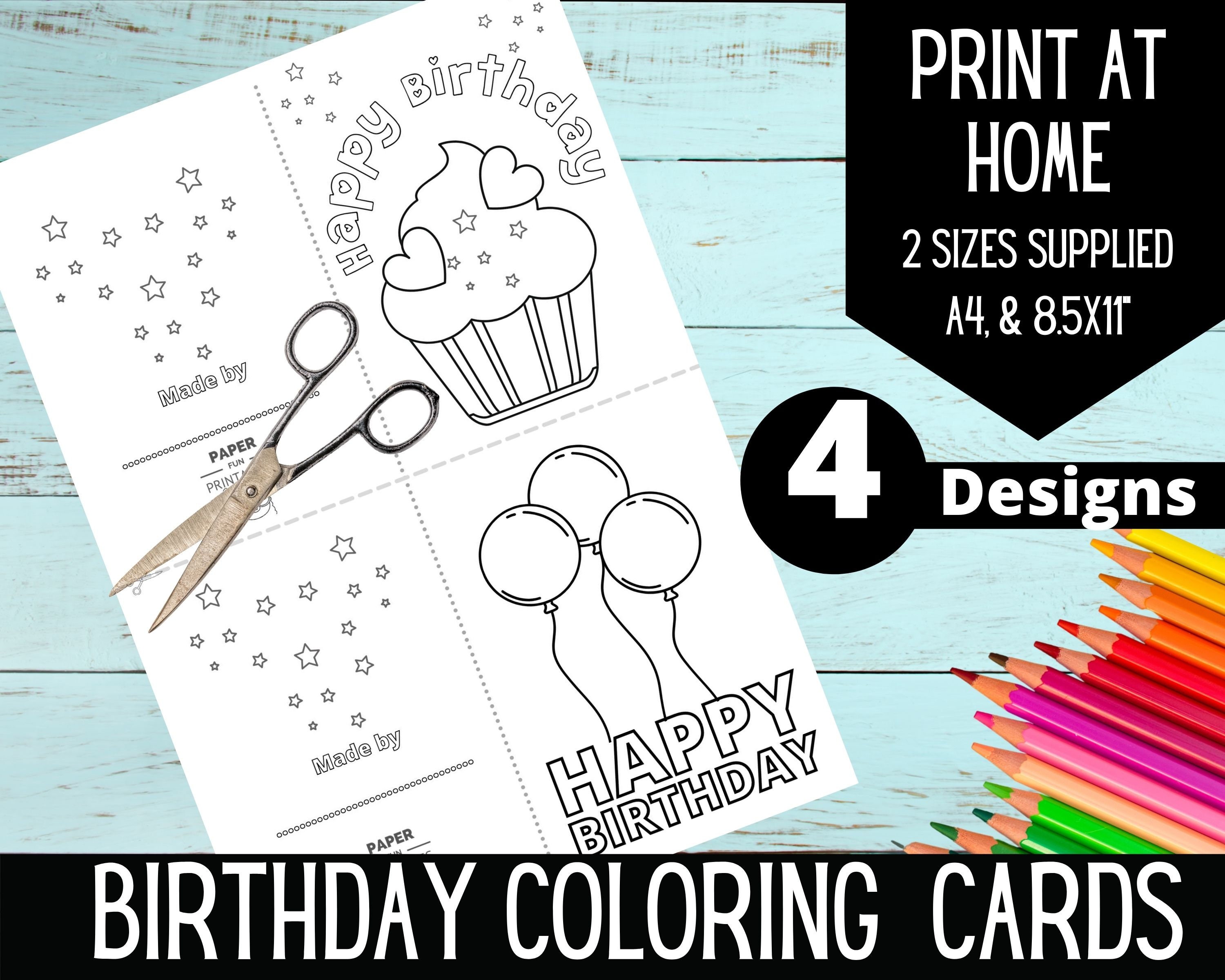 Printable BIRTHDAY Coloring Cards Color Your Own DIY Birthday Card ...