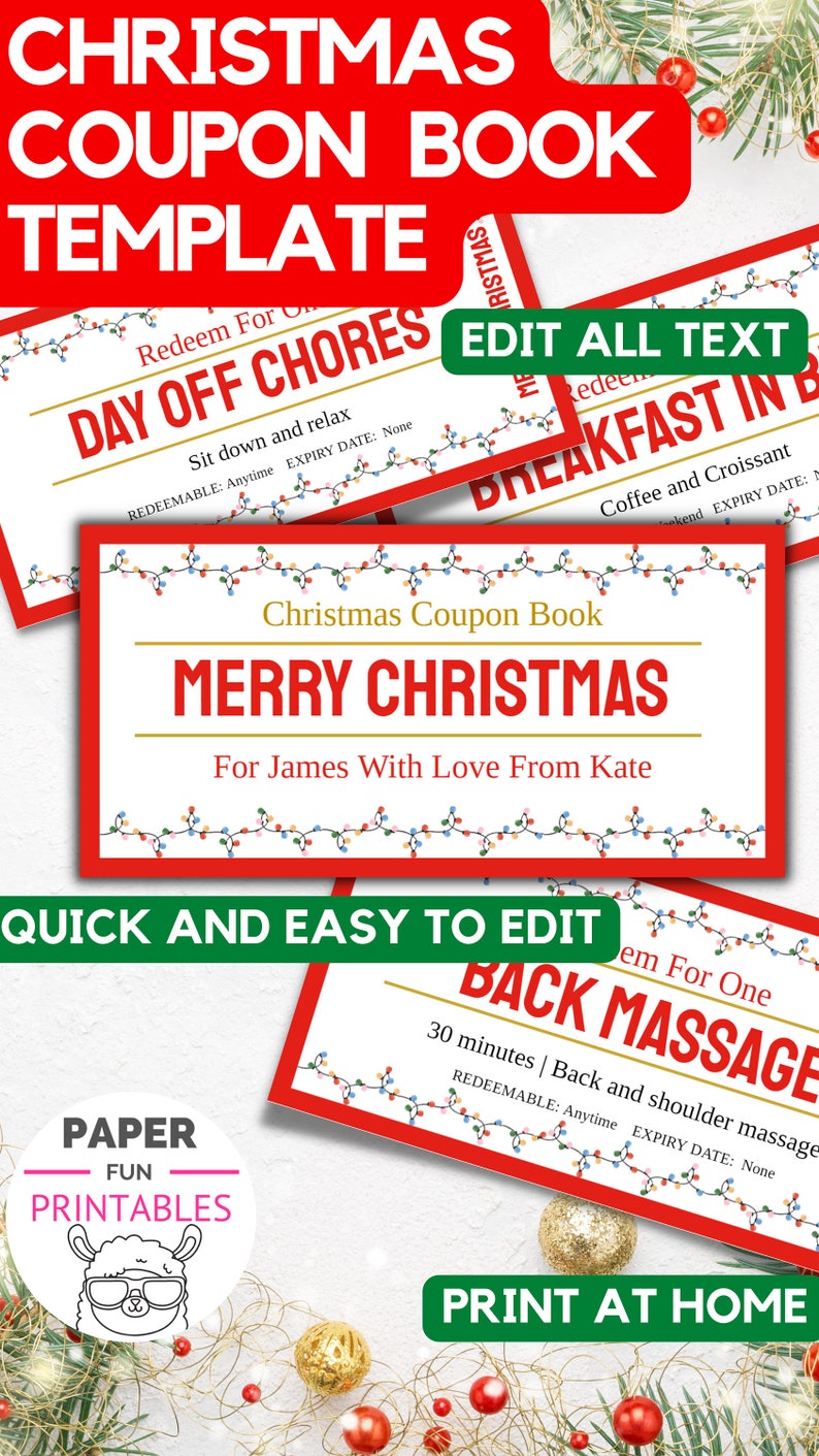 Christmas Coupon Book Template : Editable Coupons , DIY Christmas Gift ...