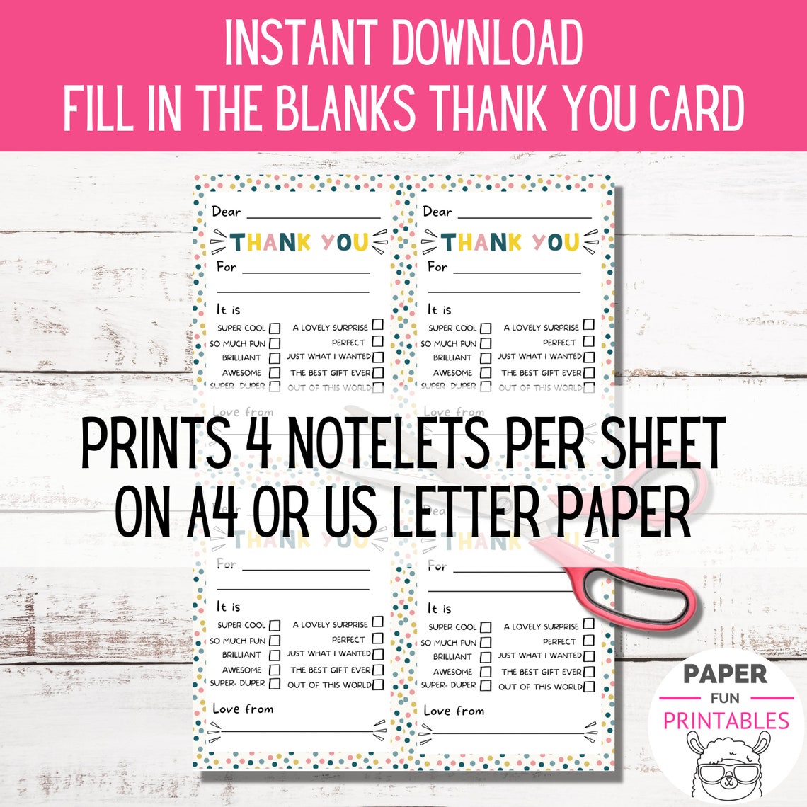 PRINTABLE Thank You Cards for Kids Fill in the Blanks Thank | Etsy