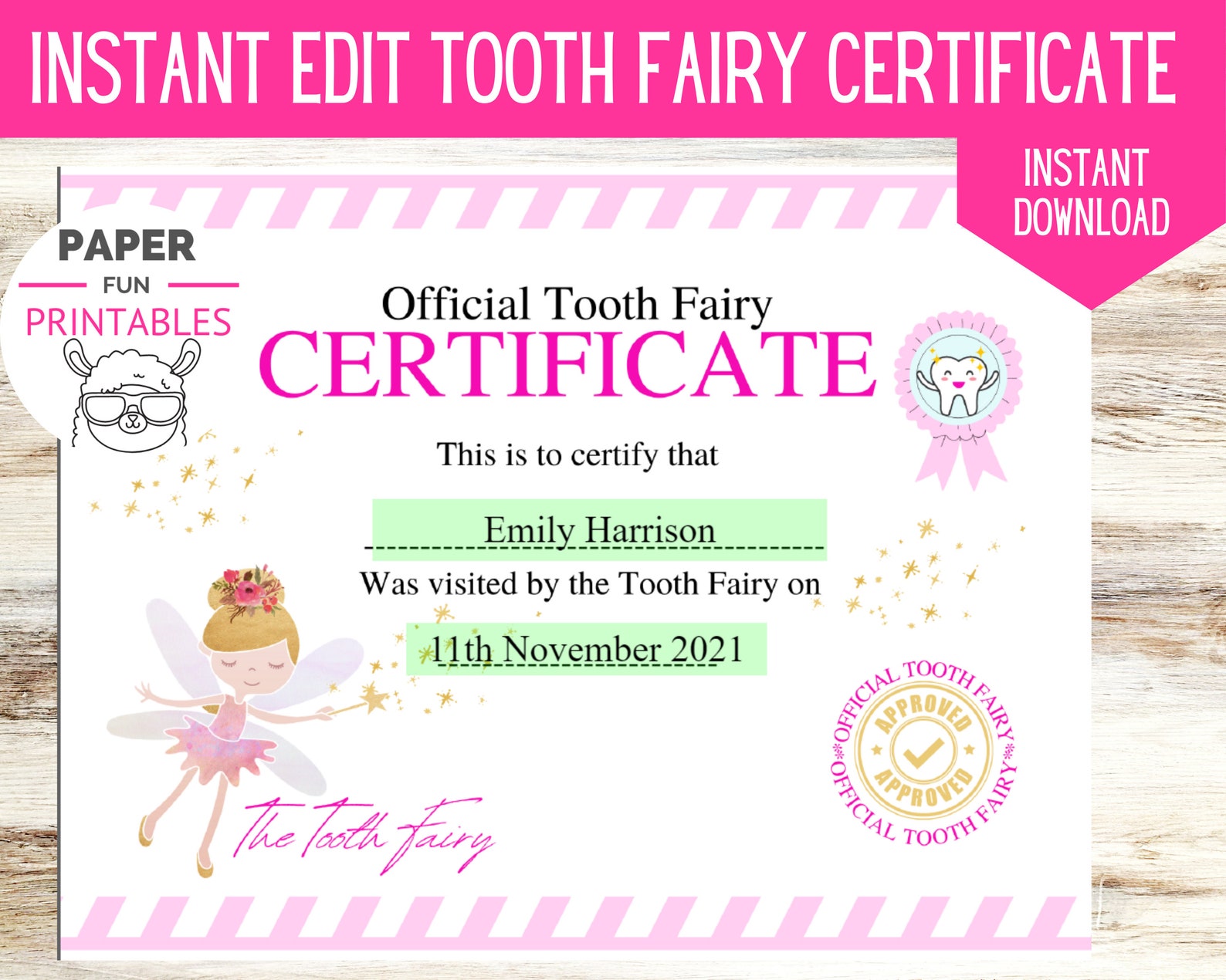 Lost Tooth Certificate INSTANT EDITABLE Personalized Tooth Fairy ...