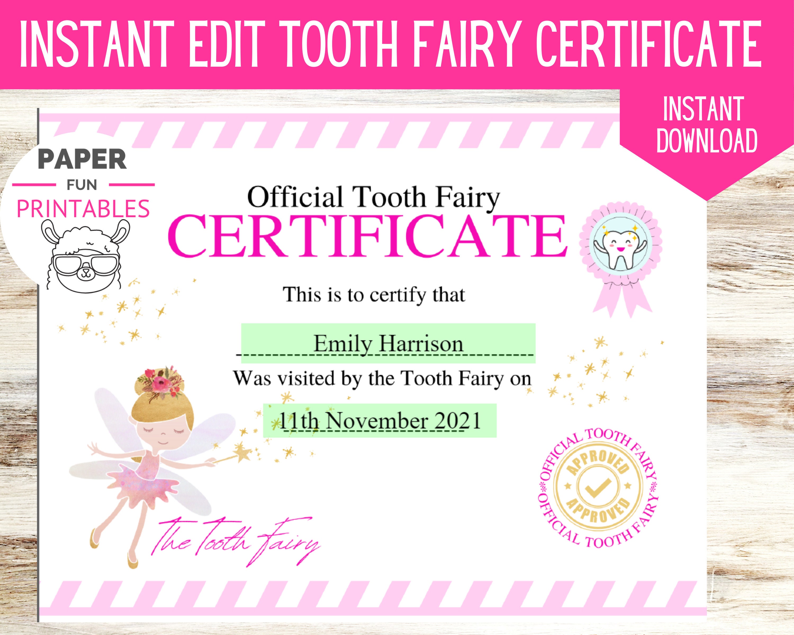 Lost Tooth Certificate INSTANT EDITABLE Personalized Tooth Fairy ...