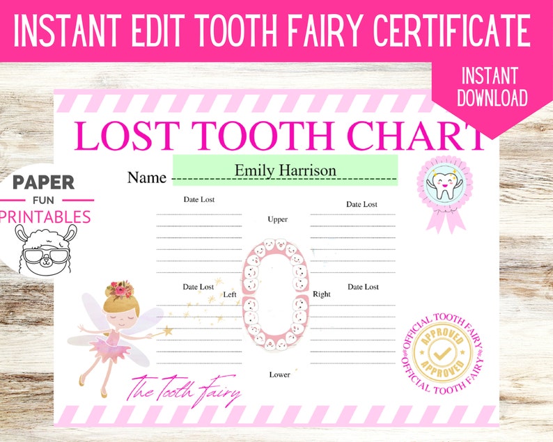 Lost Tooth Certificate INSTANT EDITABLE Personalized Tooth - Etsy