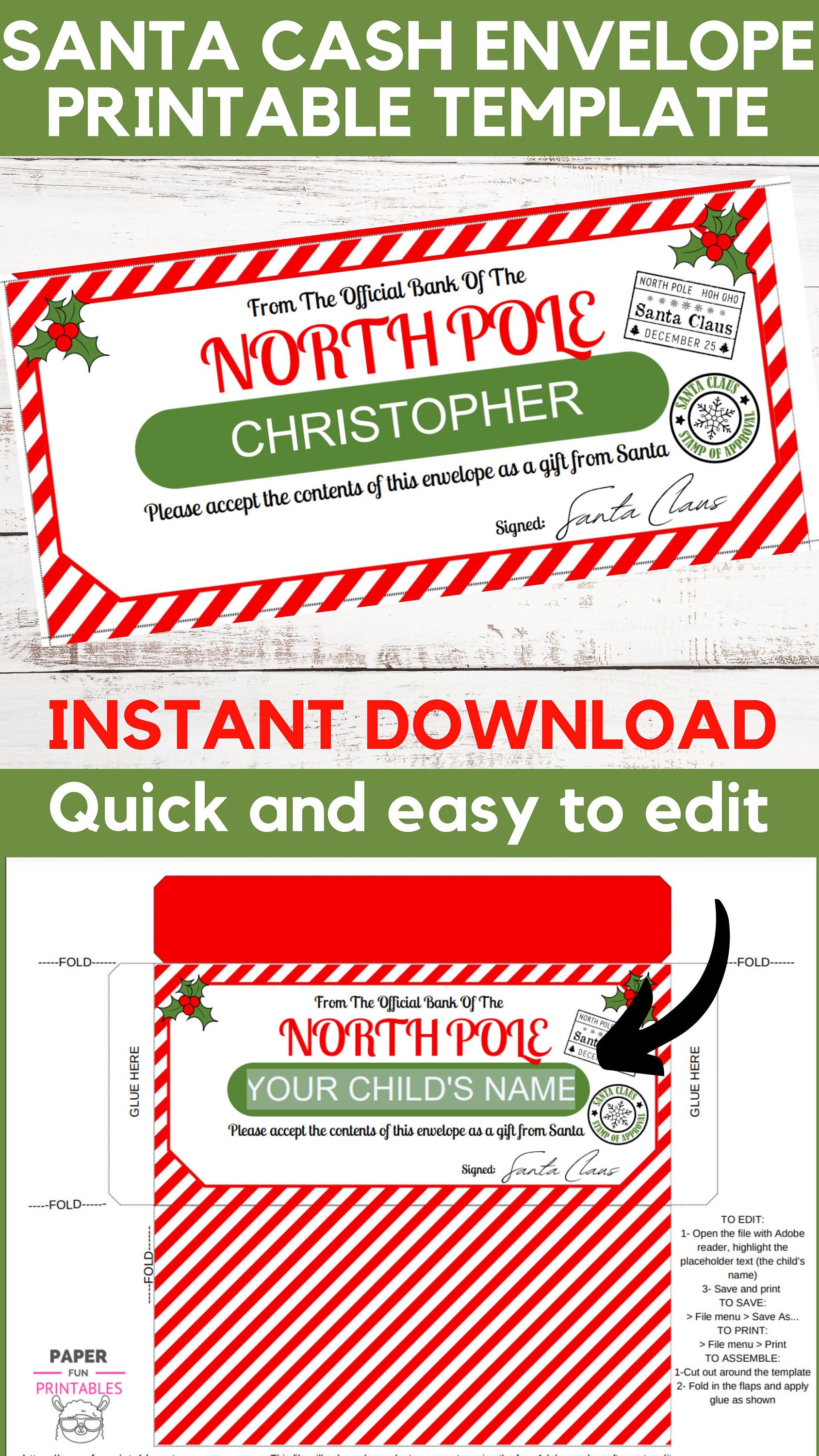 Santa Money Envelope Template. Custom Christmas Envelope for Cash Gift ...