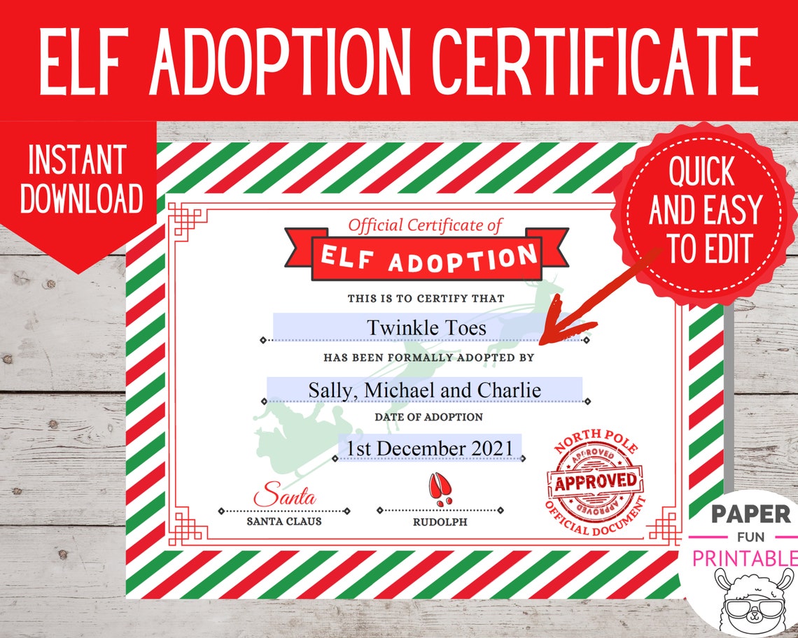 Elf Adoption Certificate | Editable Elf Props INSTANT DOWNLOAD - DIY ...