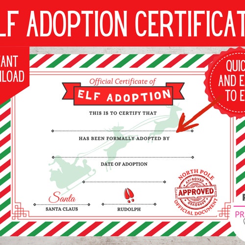 Printable Elf Adoption Official Certificate Christmas Elf - Etsy