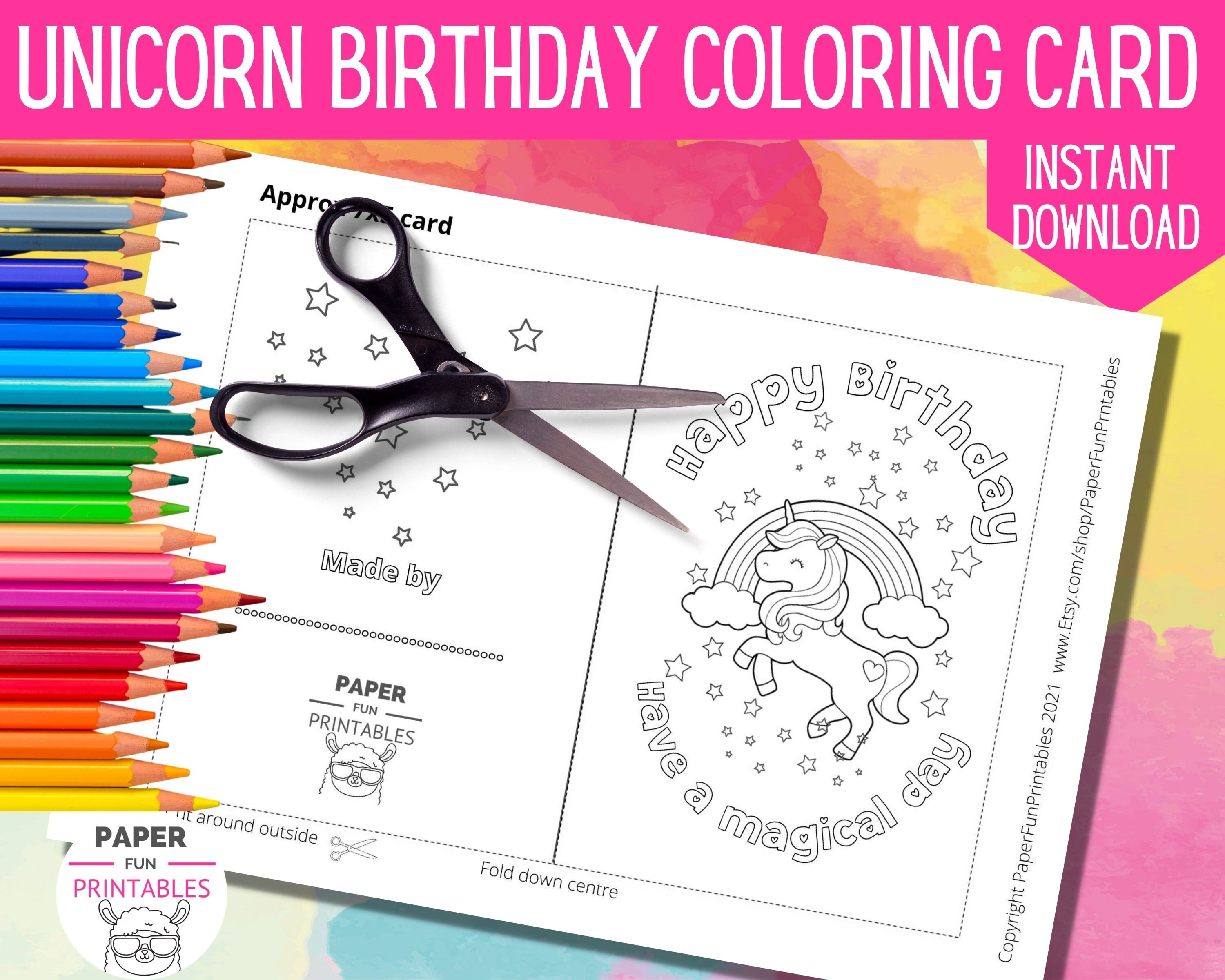 Unicorn BIRTHDAY Coloring Card | Color Your Own DIY Unicorn Birthday ...