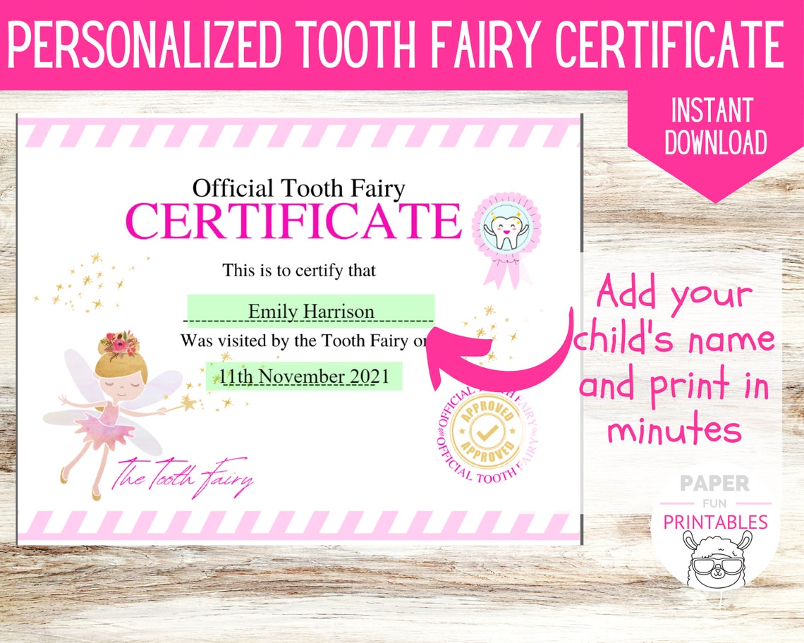 Lost Tooth Certificate INSTANT EDITABLE Personalized Tooth - Etsy