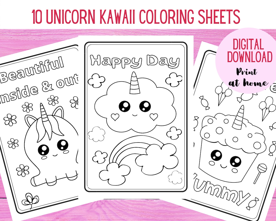 Unicorn Coloring Pages. 10 Cute Unicorn Kawaii Coloring Sheets. DIGITAL ...