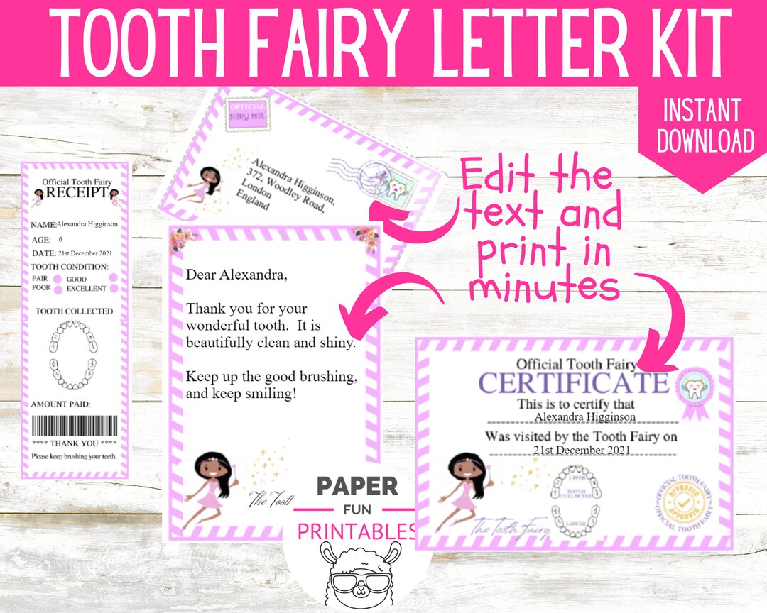 Tooth Fairy Letter| INSTANT EDITABLE Black Tooth Fairy Kit With Afro ...