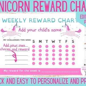 Editable Unicorn Reward Chart | Customized Chore Chart | Personalized ...