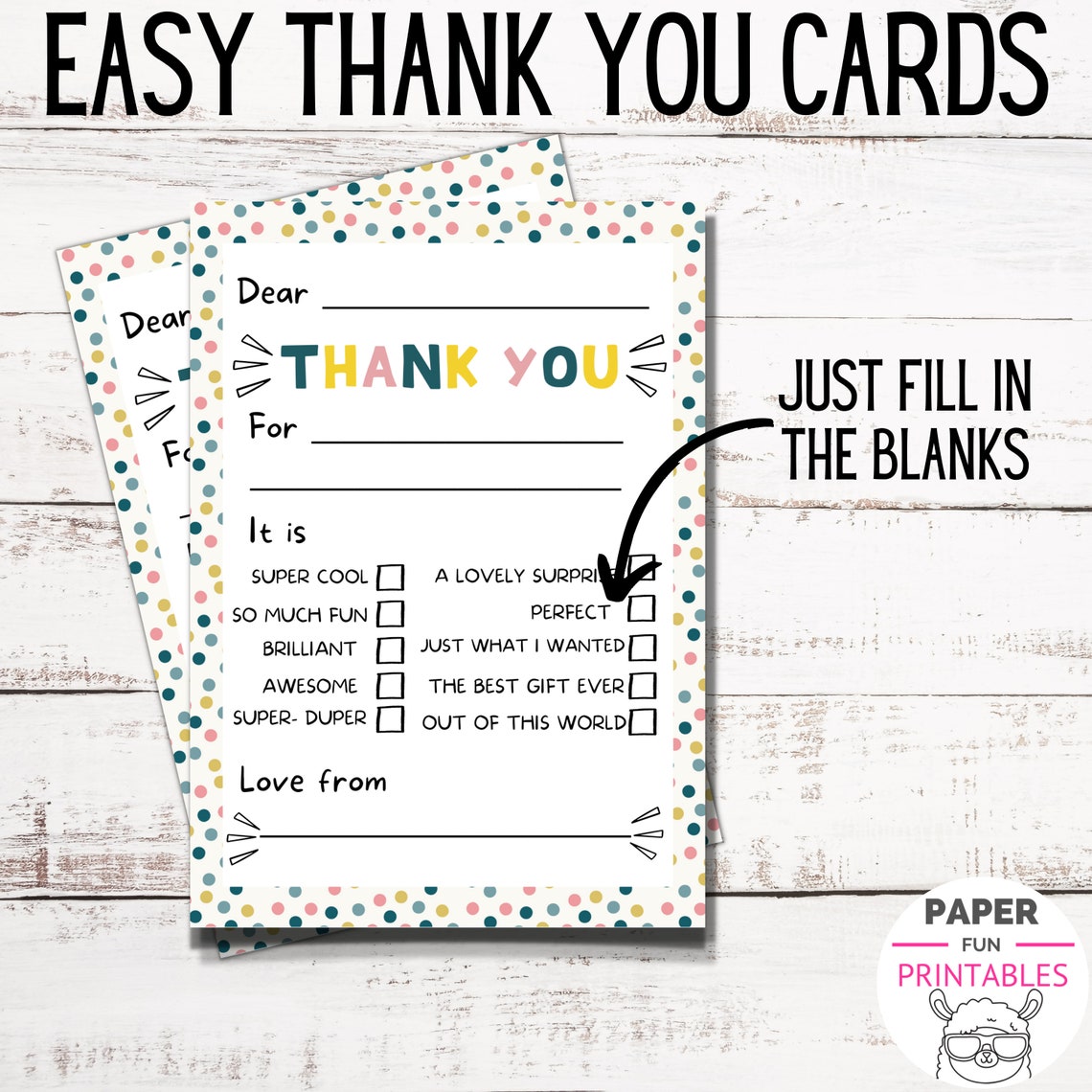 PRINTABLE Thank You Cards for Kids Fill in the Blanks Thank - Etsy
