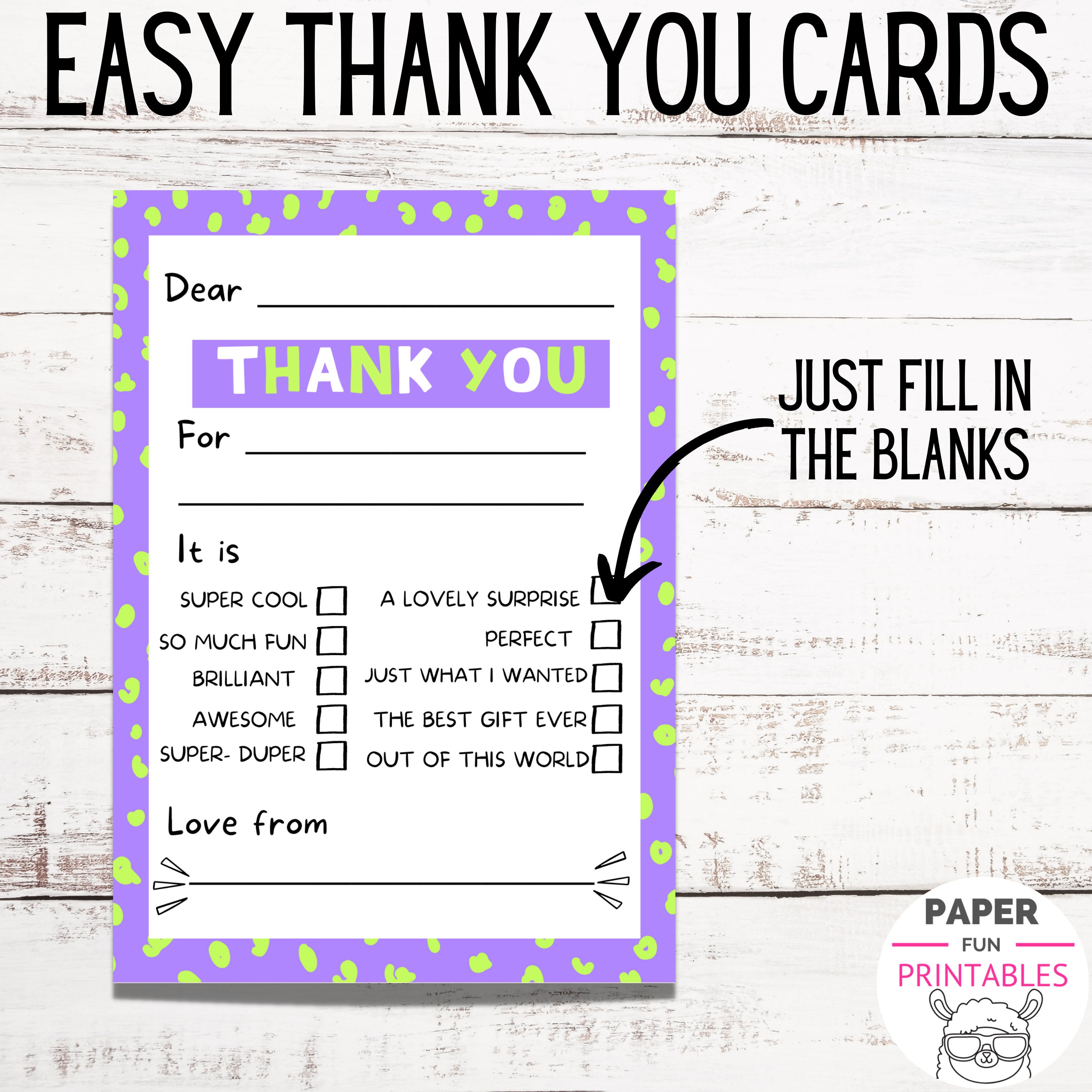 PRINTABLE Thank You Cards for Kids Fill in the Blanks Thank - Etsy