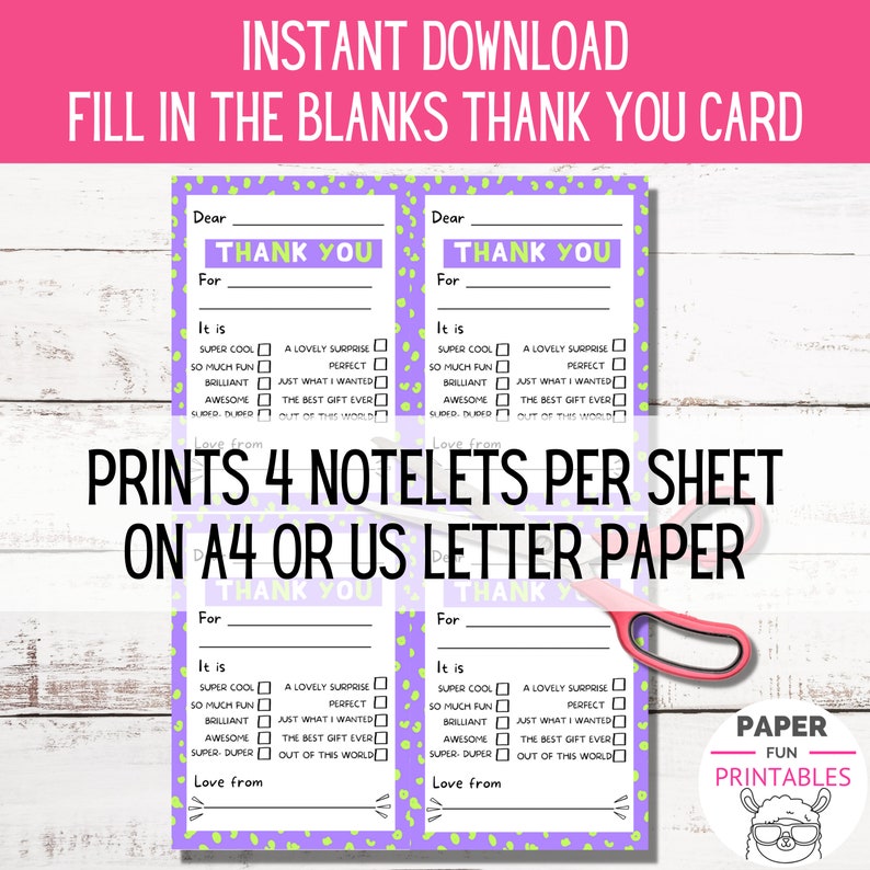 PRINTABLE Thank You Cards for Kids Fill in the Blanks Thank - Etsy