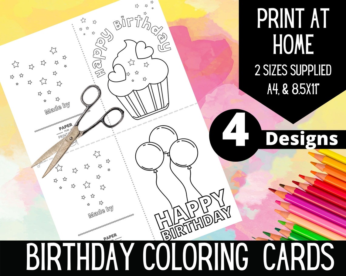 Printable BIRTHDAY Coloring Cards Color Your Own DIY | Etsy