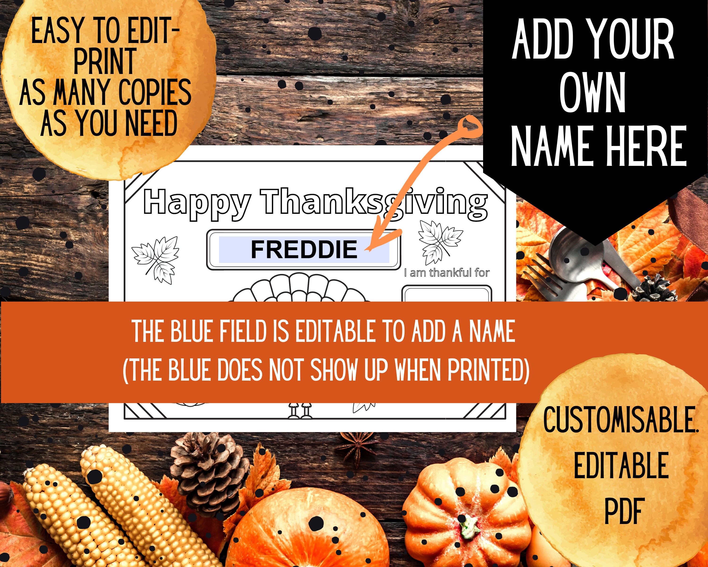 Printable THANKSGIVING Activity Placemat for Kids EDITABLE Thanksgiving ...