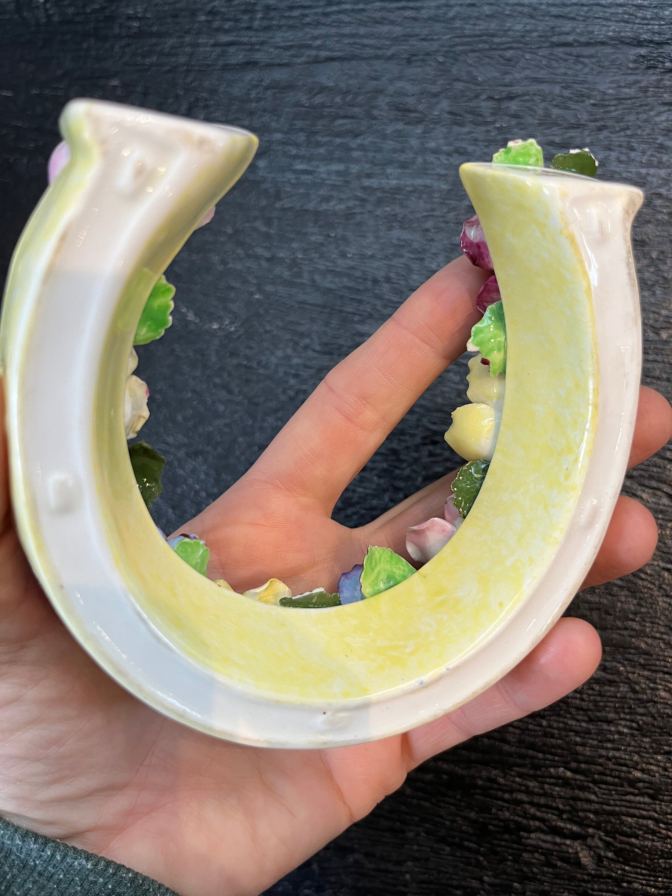 Signed Best Bone Denton China Horse Shoe of Ceramic Flowers Hand ...