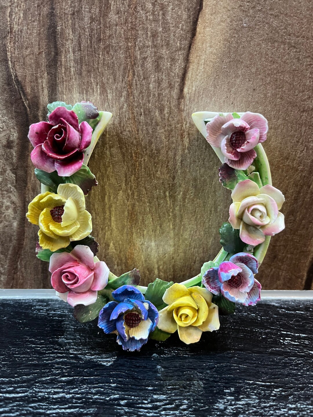 Signed Best Bone Denton China Horse Shoe of Ceramic Flowers Hand ...