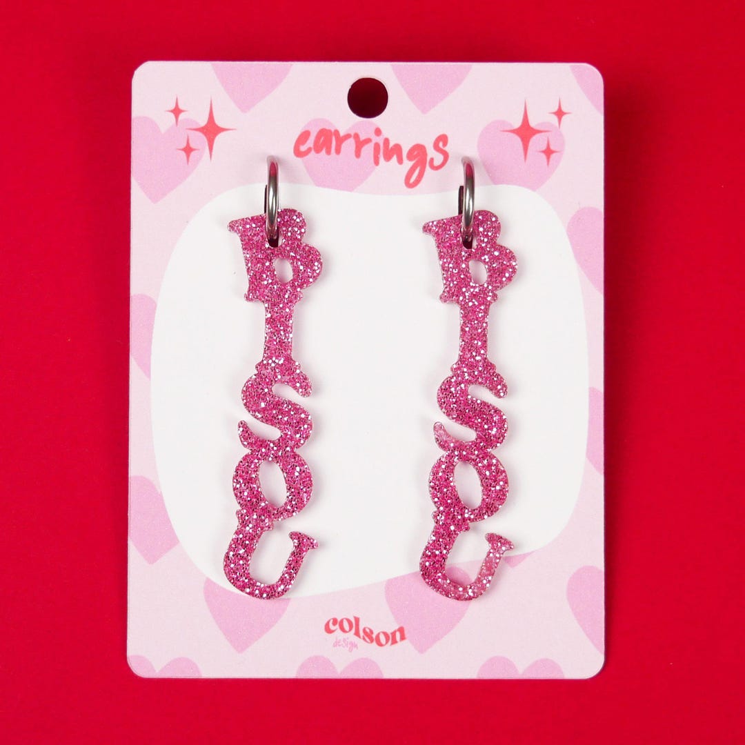 Glittery Word Hoop Earrings " BISOU (kiss in French) - Pink " Handmade ...