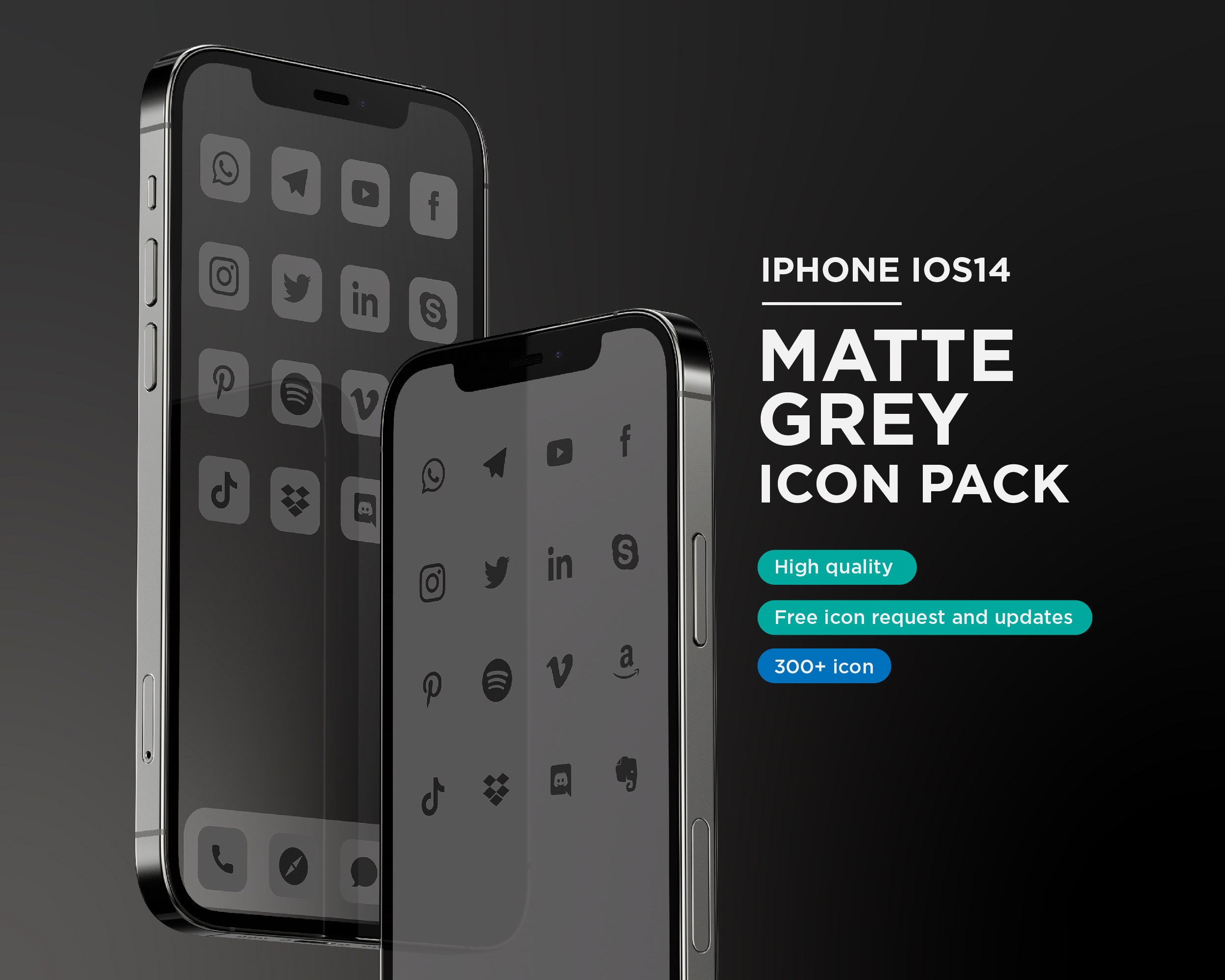 Matte Black on Dark Grey Ios16 Icon Pack 200+, Matte Grey Icon, Social ...
