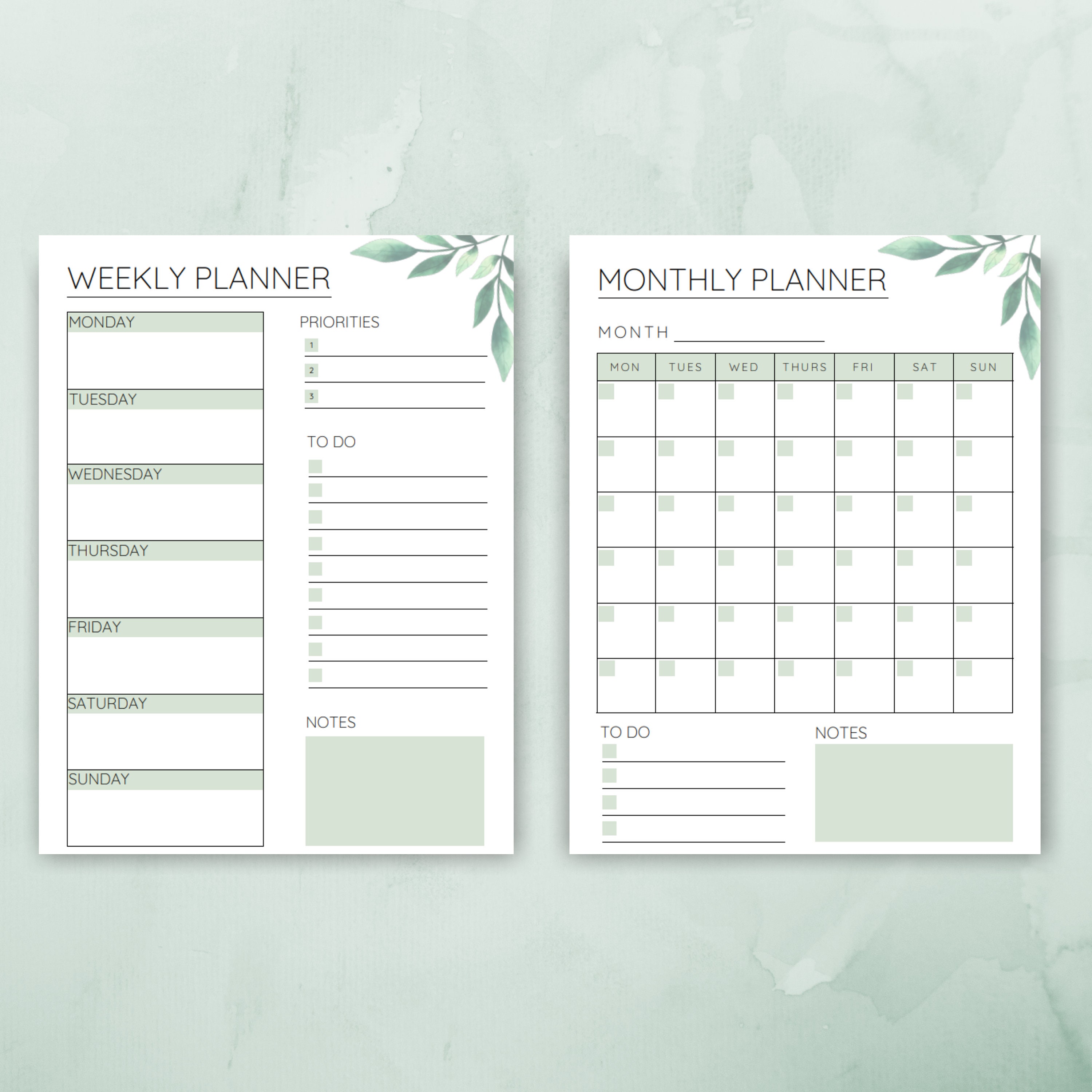 Printable Productivity Planner Bundle Green Leaf Planner | Etsy