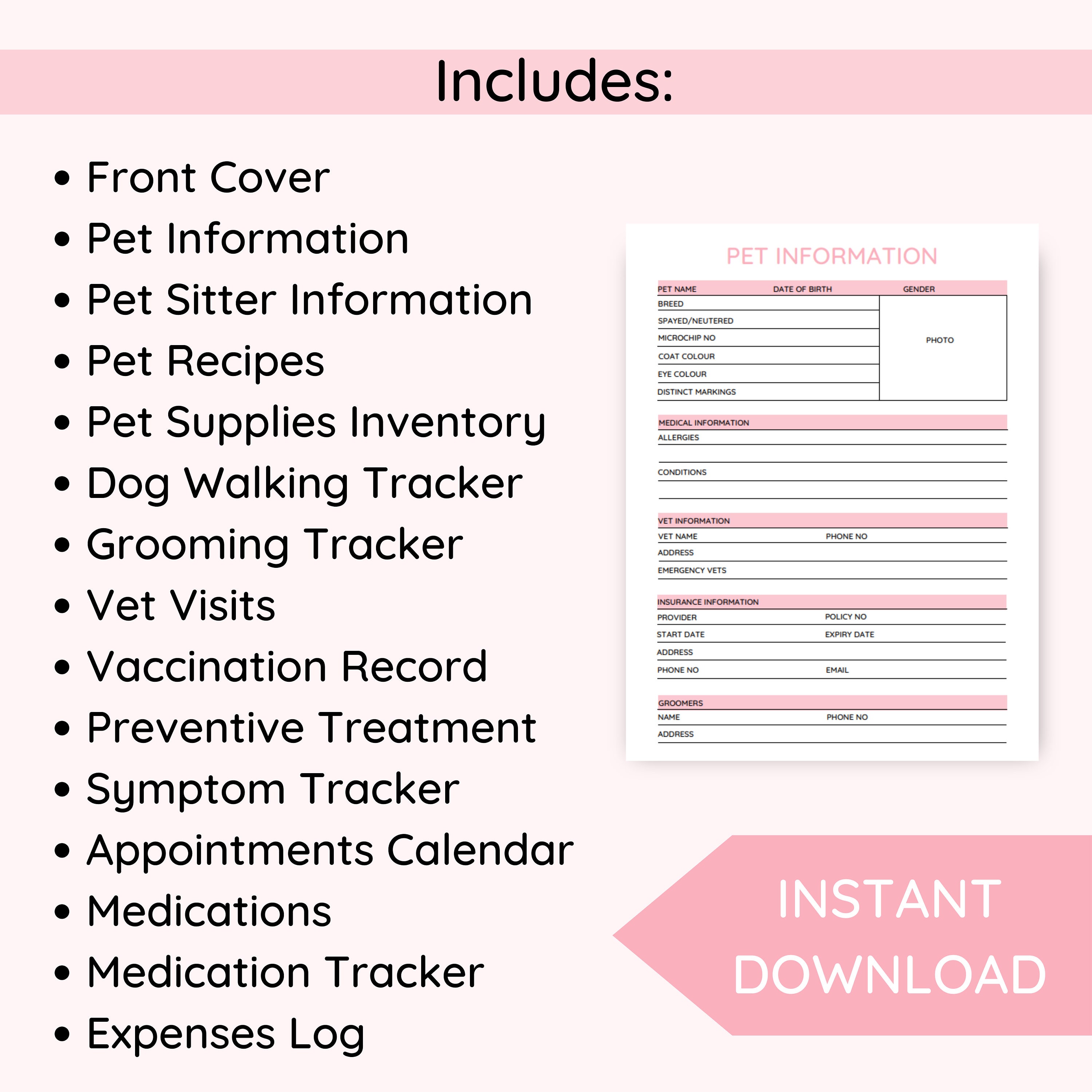 Printable Pet Care Planner Printable Pet Information Vet - Etsy