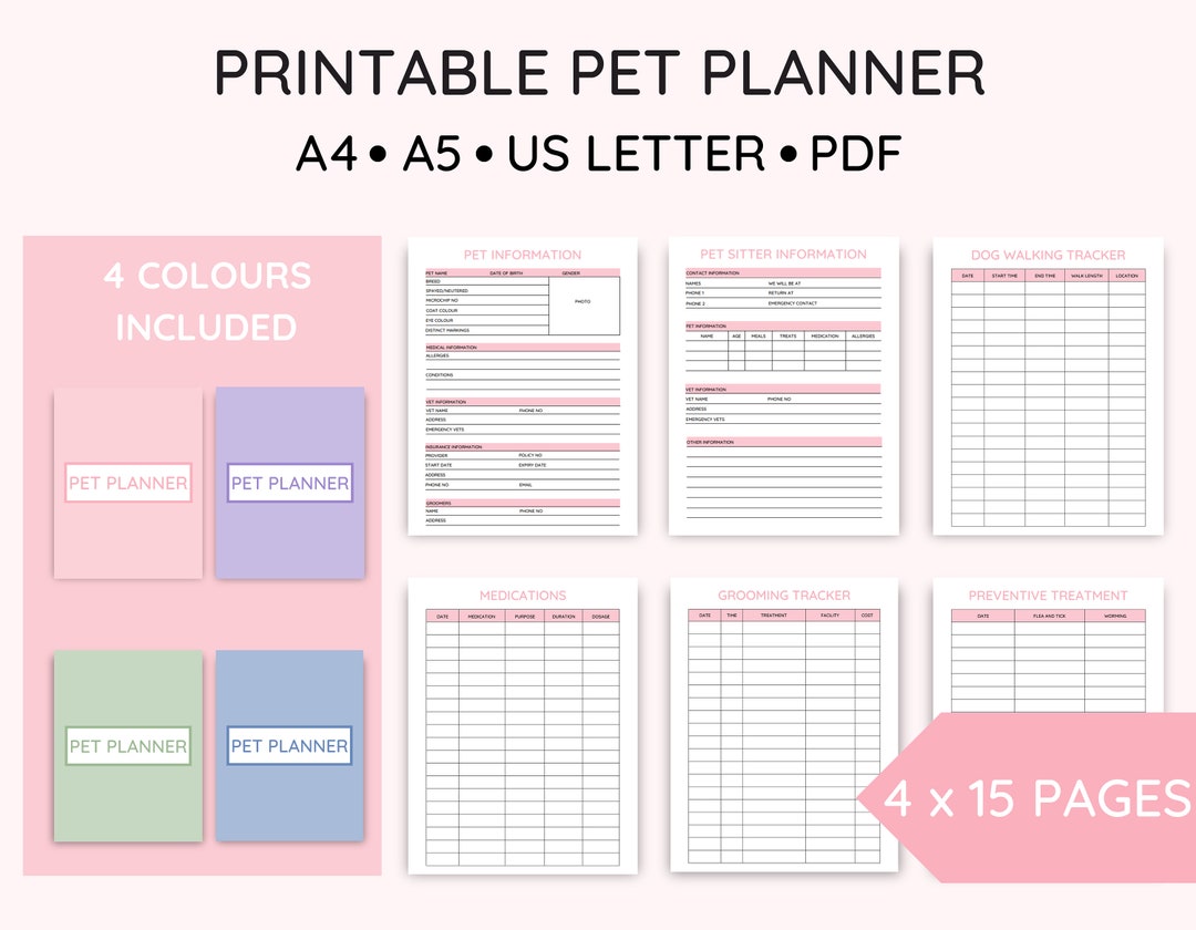 Printable Pet Care Planner, Printable Pet Information, Vet Appointments ...