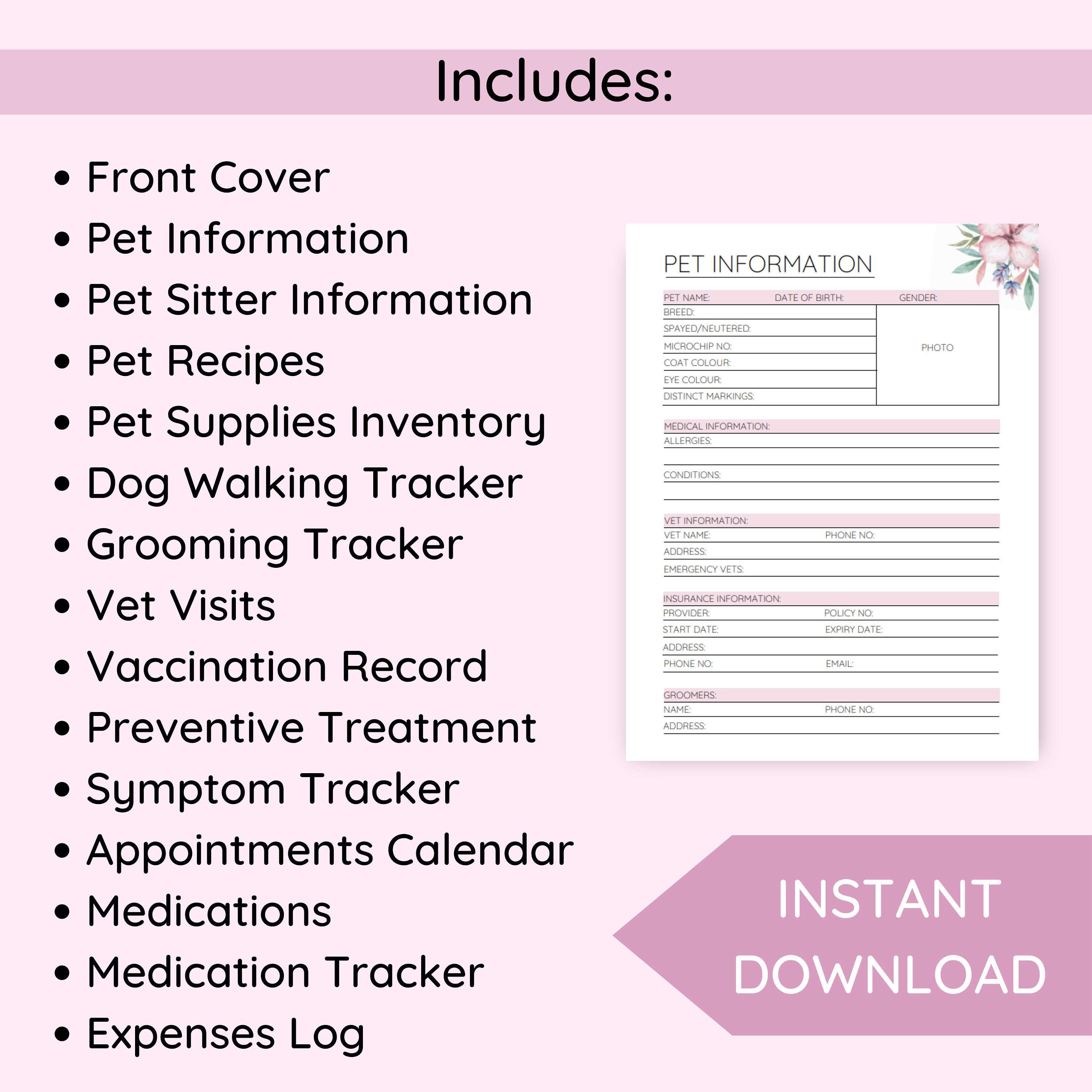 Printable Pet Care Planner, Printable Pet Information, Vet Appointments ...