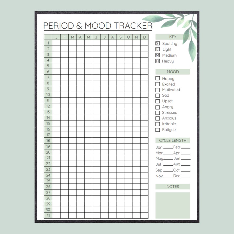 Printable Period and Mood Tracker, Monthly Menstrual Cycle Tracker ...